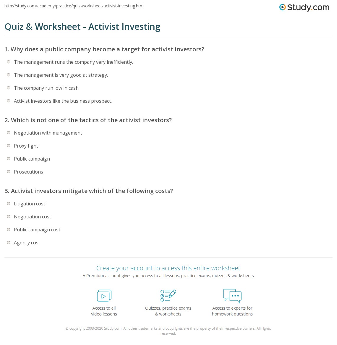 Quiz & Worksheet - Activist Investing | Study.com