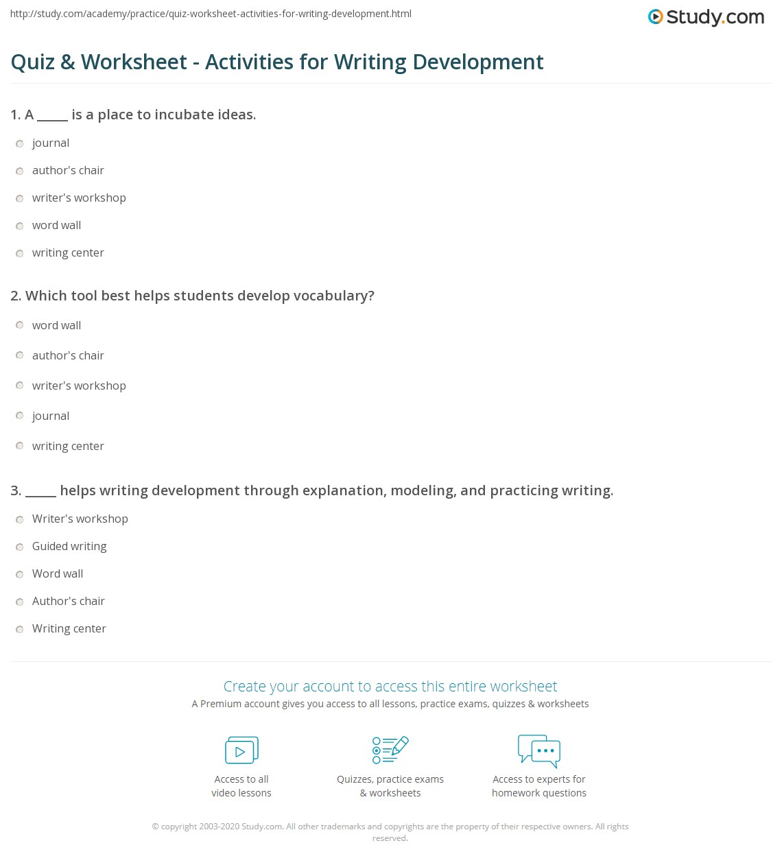 Quiz & Worksheet - Activities for Writing Development | Study.com