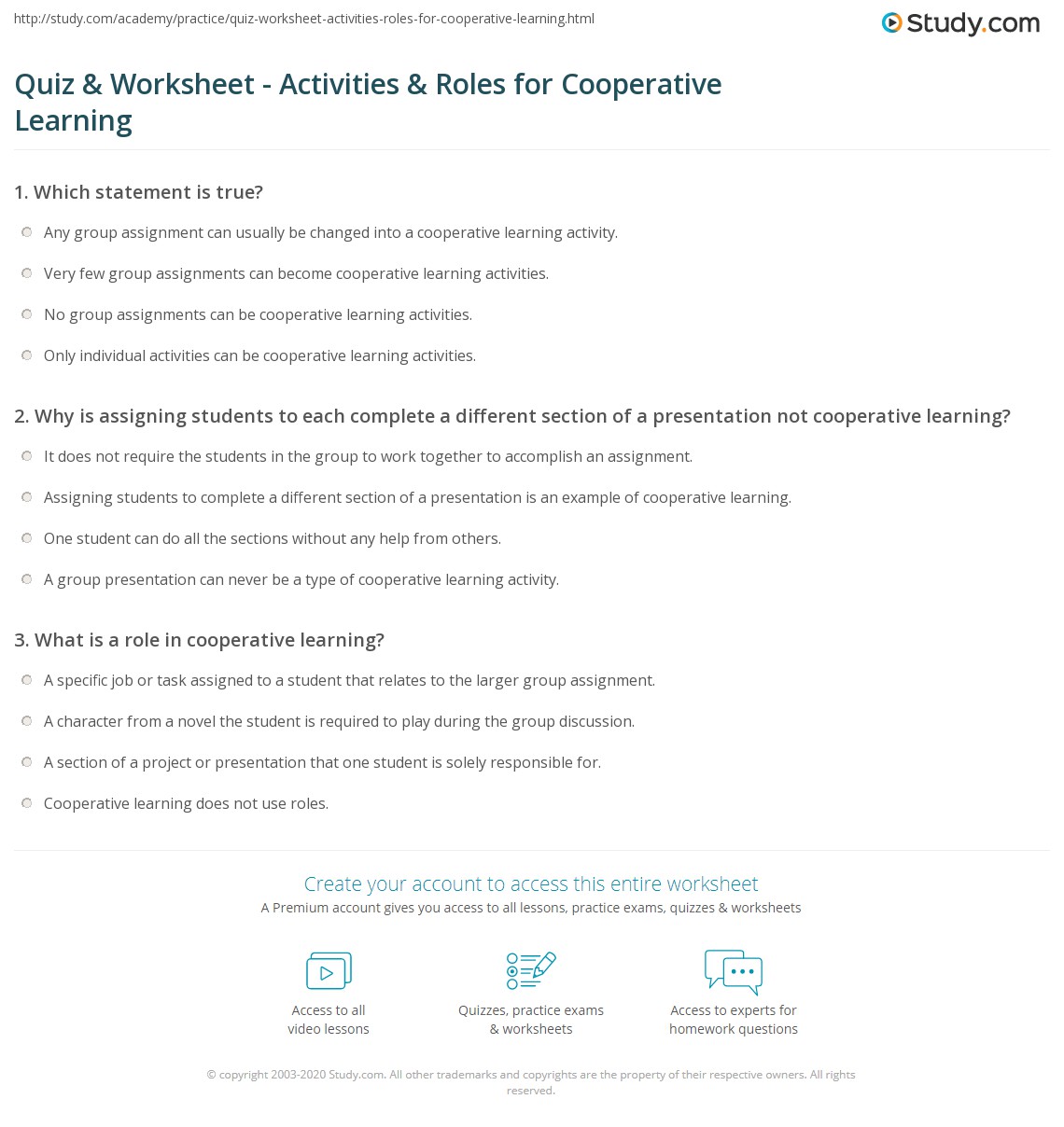 Quiz & Worksheet - Activities & Roles for Cooperative Learning | Study.com