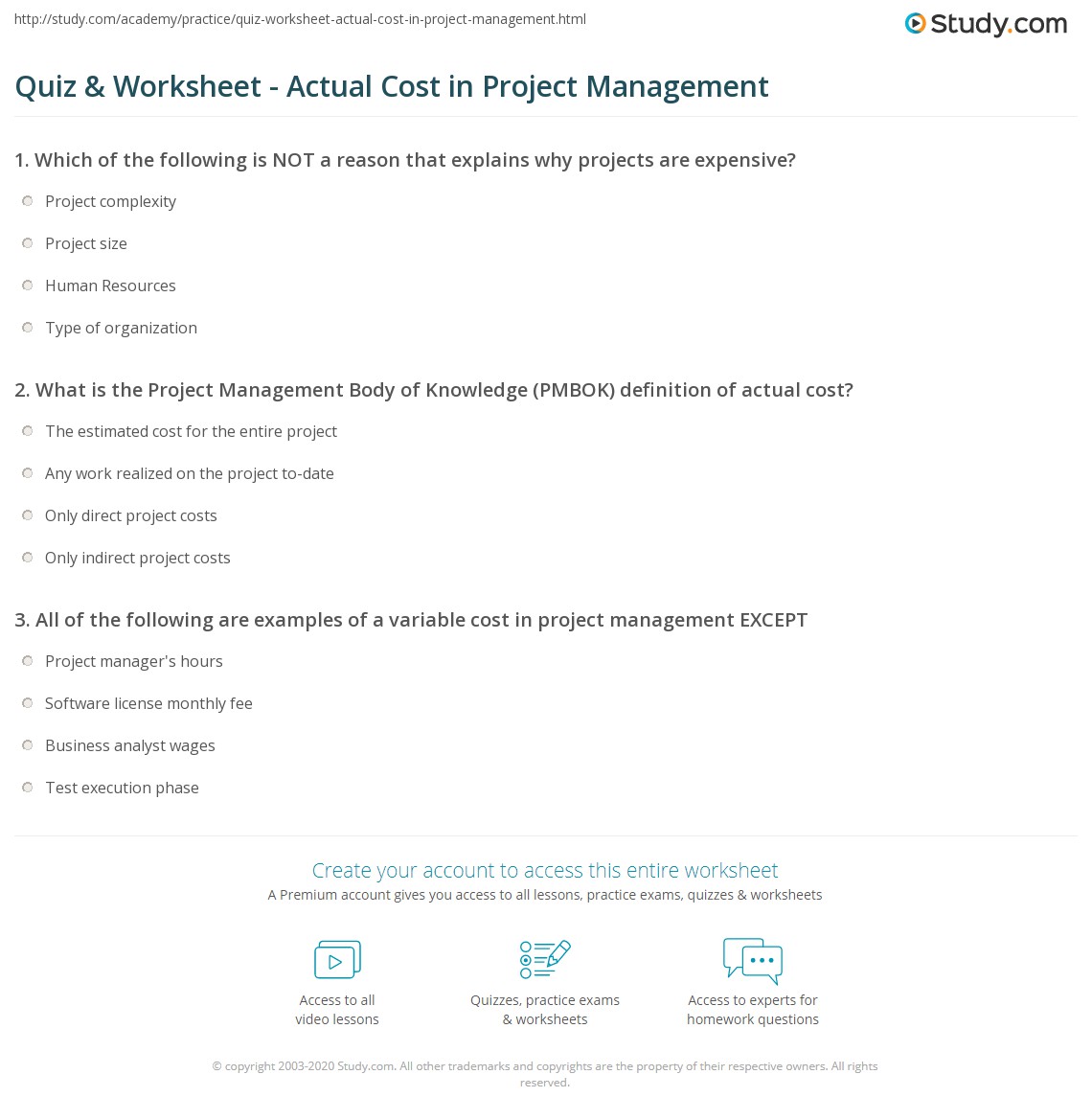 Quiz & Worksheet - Actual Cost in Project Management | Study.com