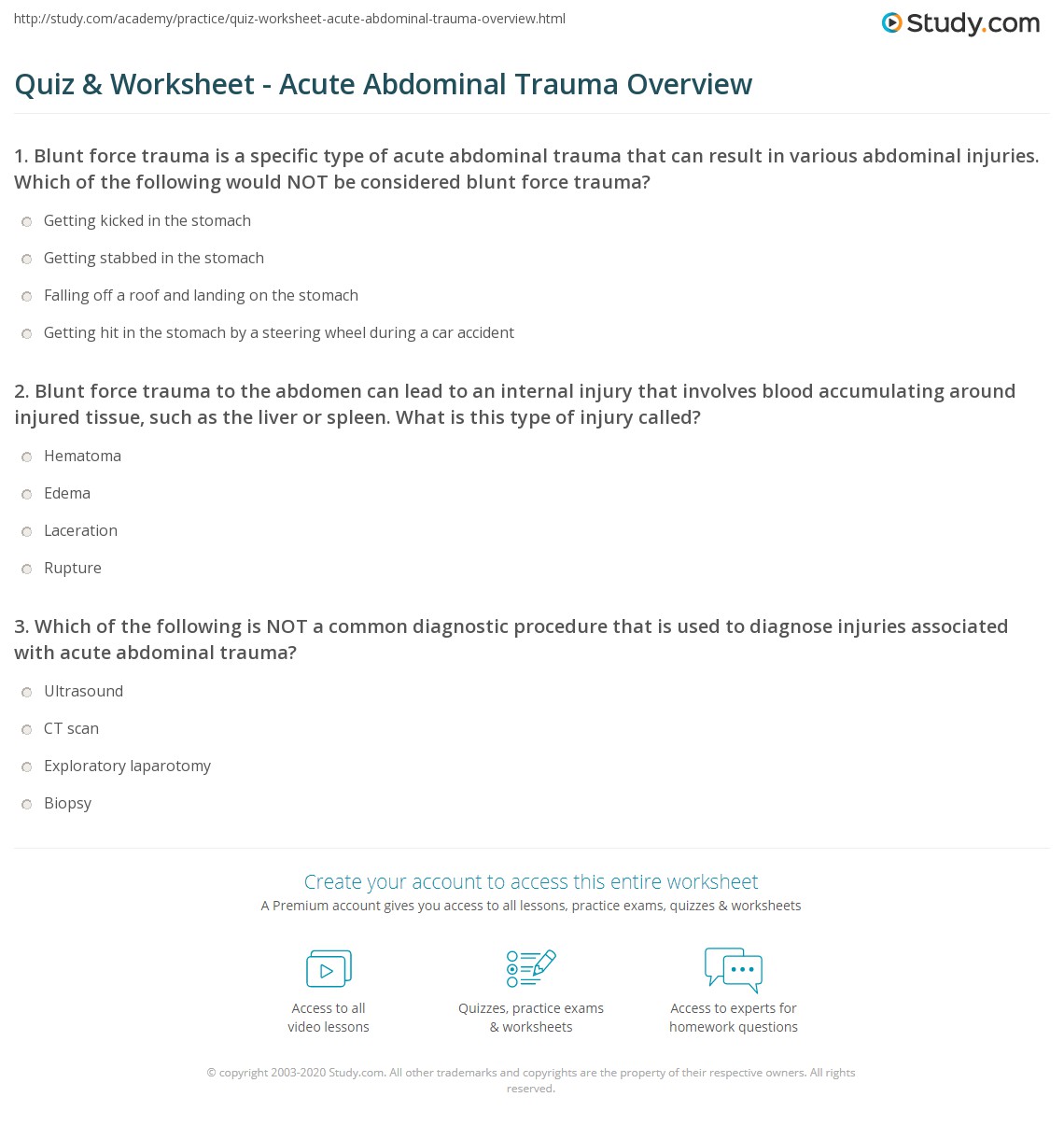 Quiz & Worksheet - Acute Abdominal Trauma Overview | Study.com