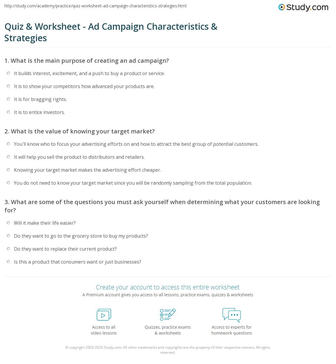Quiz & Worksheet - Ad Campaign Characteristics & Strategies | Study.com