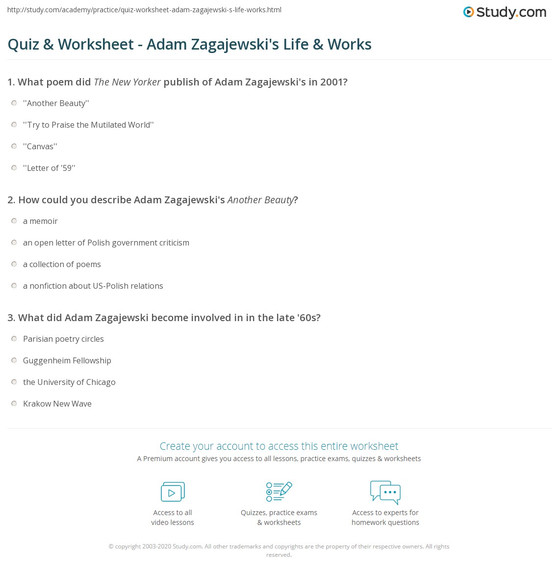 Quiz & Worksheet - Adam Zagajewski's Life & Works | Study.com