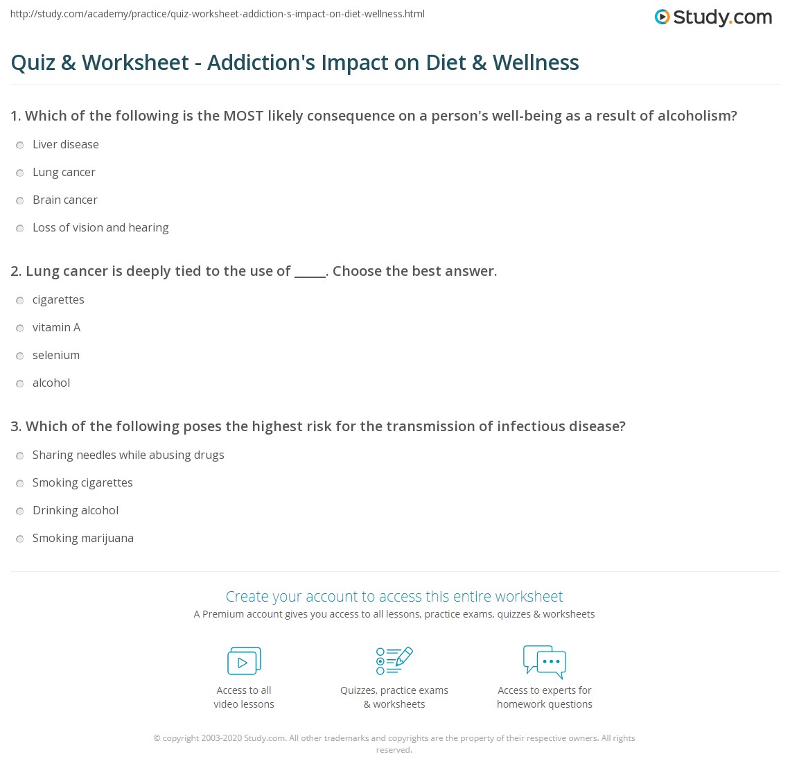 Quiz & Worksheet - Addiction's Impact on Diet & Wellness | Study.com