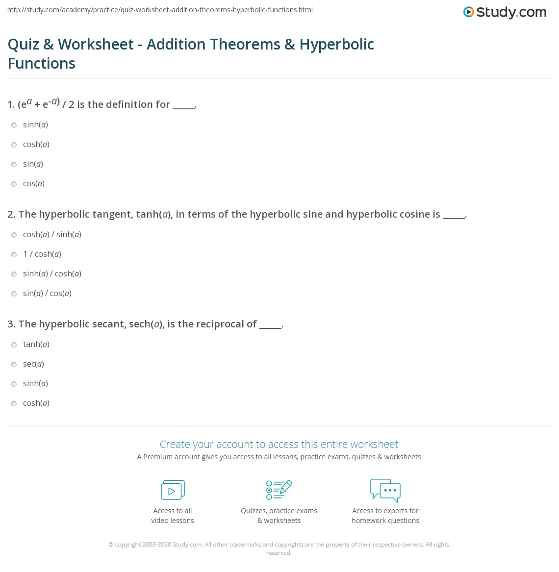 Quiz & Worksheet - Addition Theorems & Hyperbolic Functions | Study.com