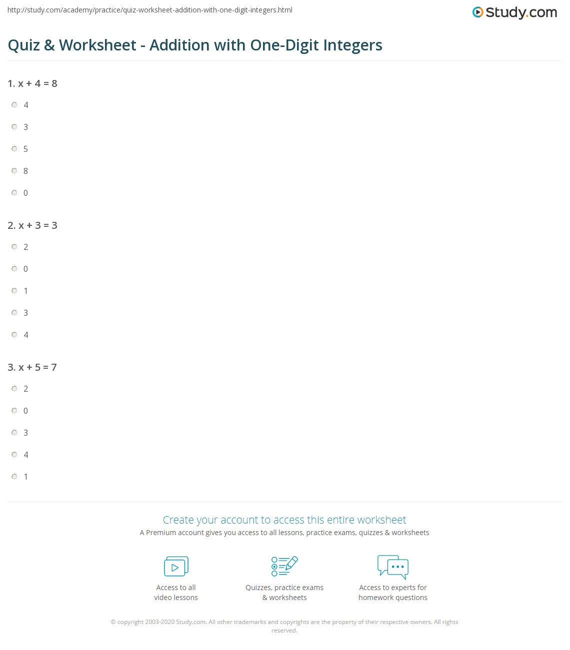 Quiz & Worksheet - Addition with One-Digit Integers | Study.com