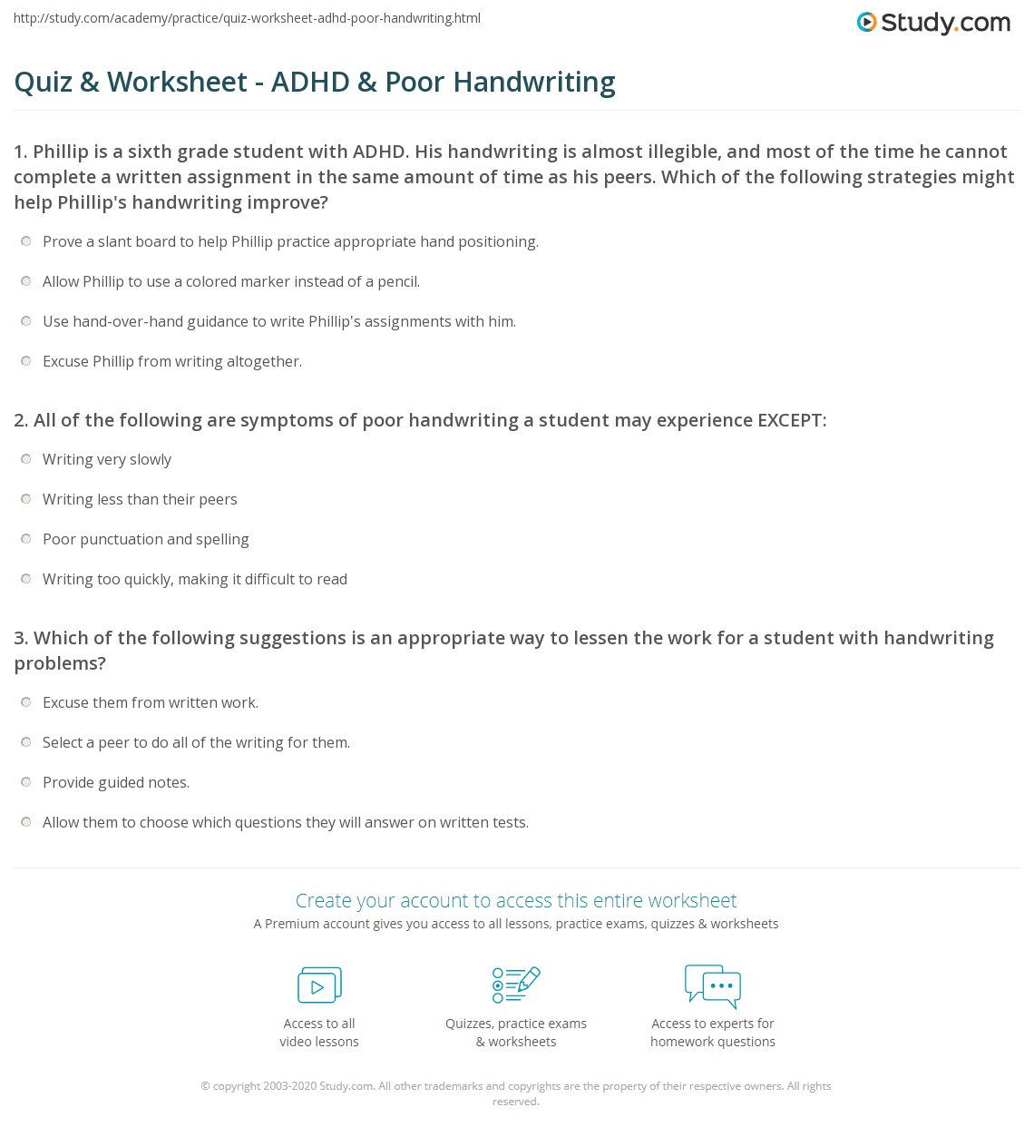 Quiz & Worksheet - ADHD & Poor Handwriting | Study.com