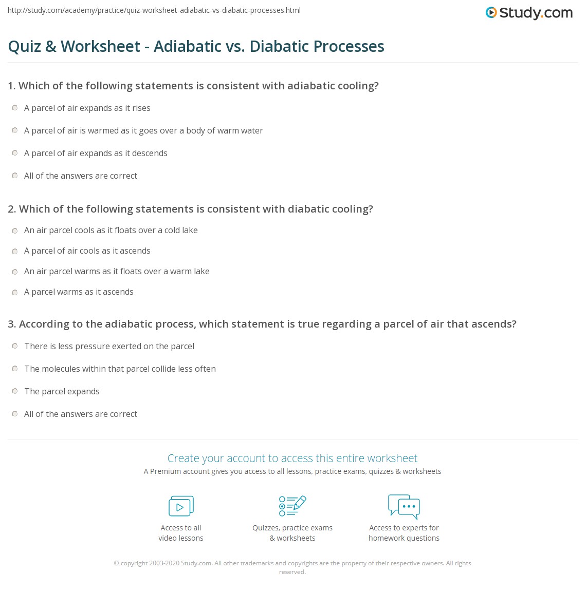 Quiz & Worksheet - Adiabatic vs. Diabatic Processes | Study.com