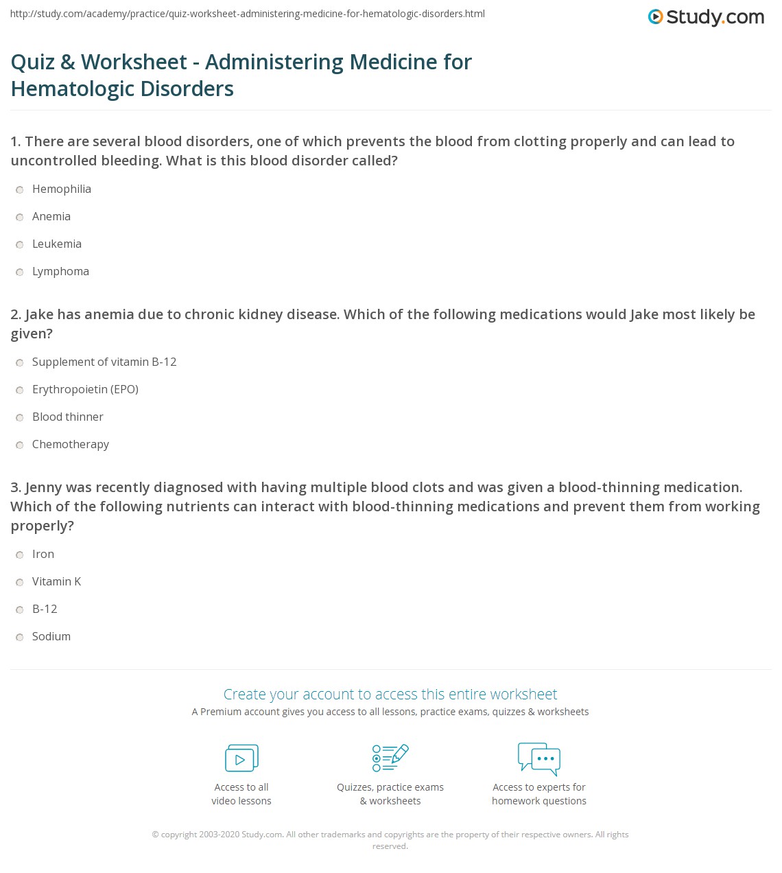Quiz & Worksheet - Administering Medicine for Hematologic Disorders ...