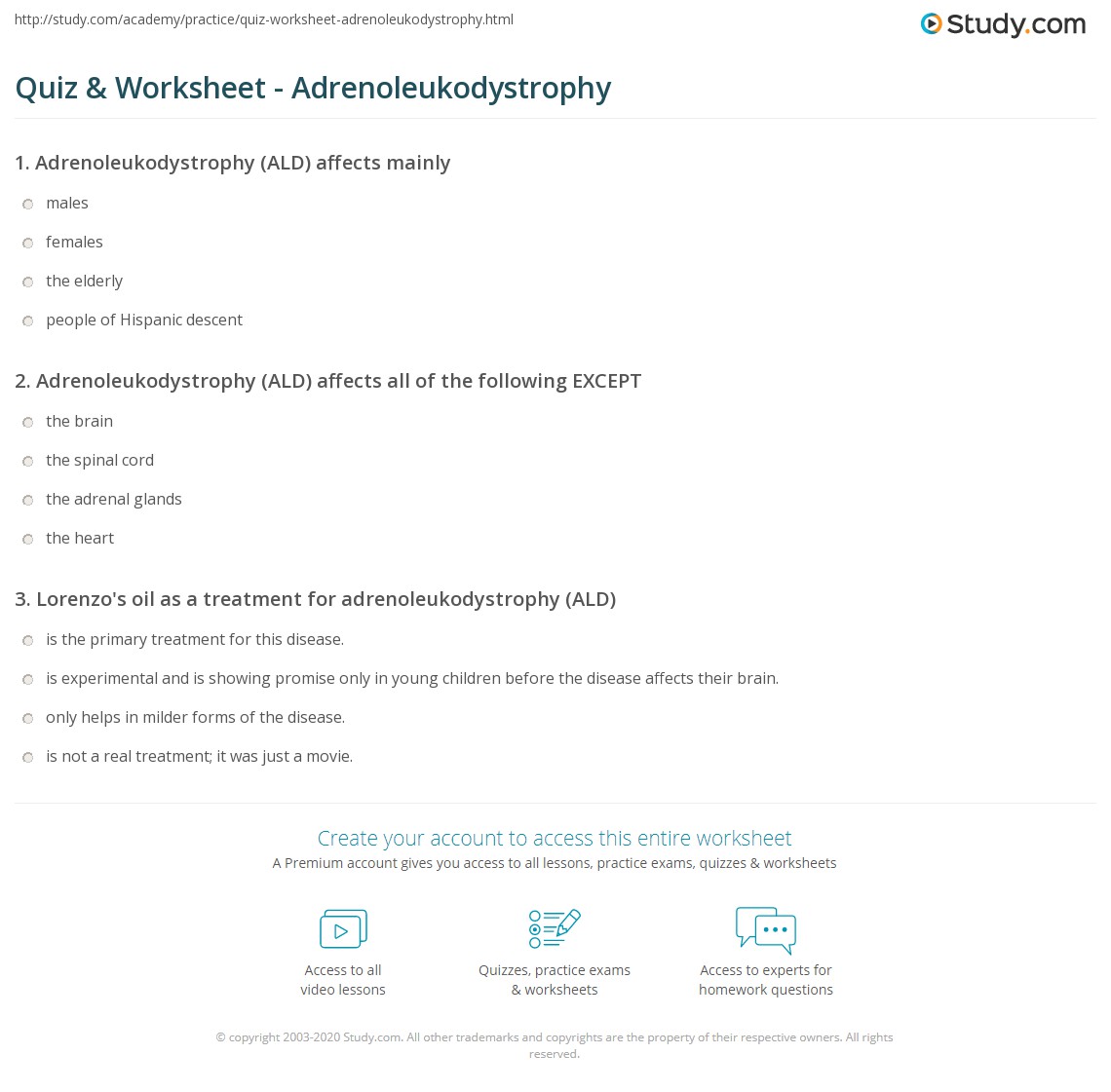 Quiz & Worksheet - Adrenoleukodystrophy | Study.com