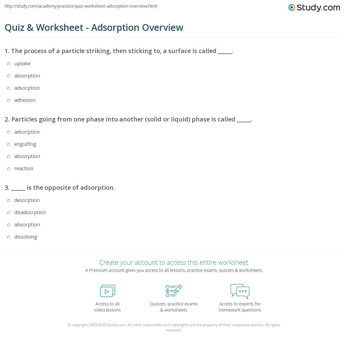 Quiz & Worksheet - Adsorption Overview | Study.com