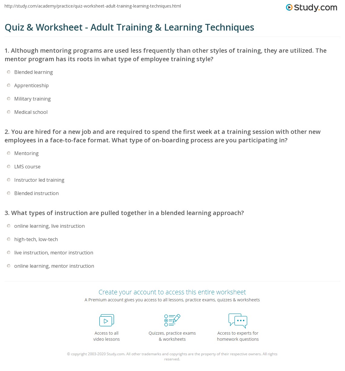 Quiz & Worksheet - Adult Training & Learning Techniques | Study.com