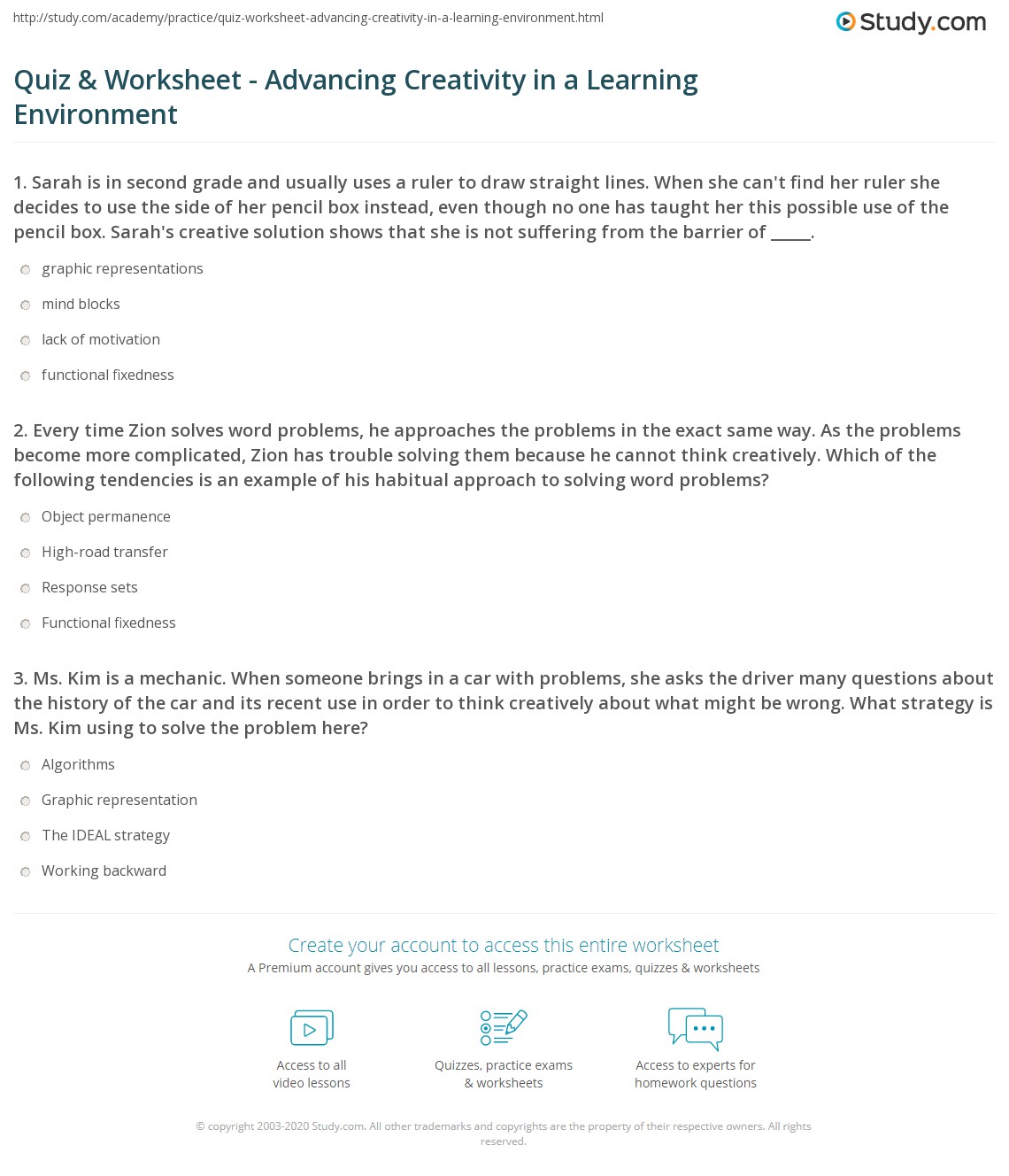 Quiz & Worksheet - Advancing Creativity in a Learning Environment ...