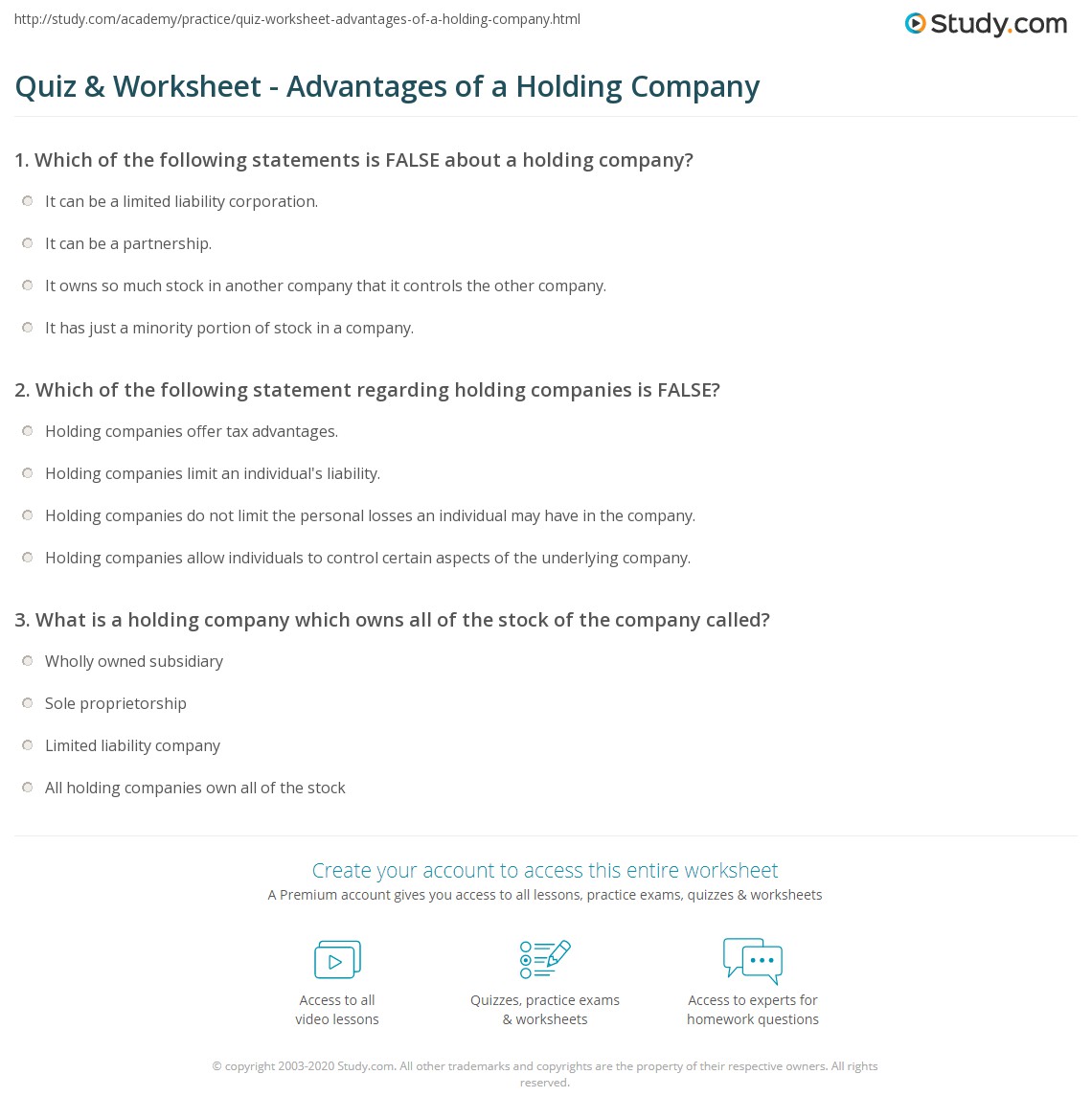 Quiz & Worksheet - Advantages of a Holding Company | Study.com