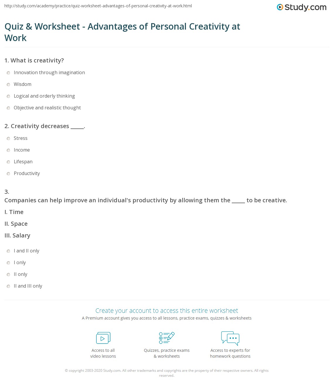 Quiz & Worksheet - Advantages of Personal Creativity at Work | Study.com