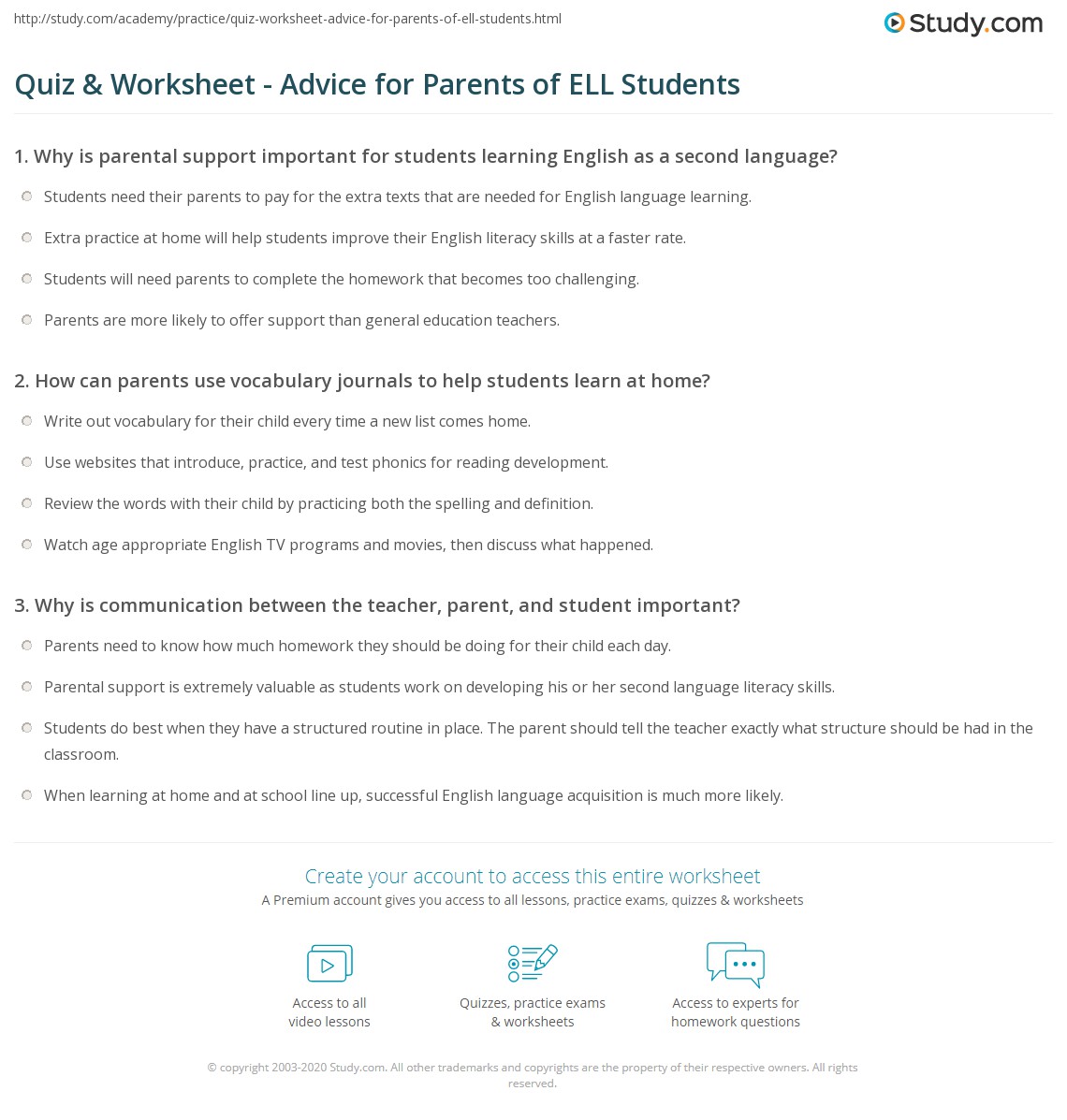 Quiz & Worksheet - Advice for Parents of ELL Students | Study.com