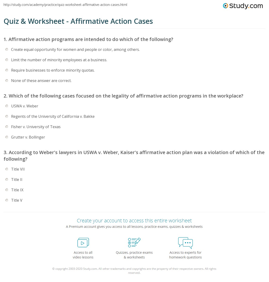 Quiz & Worksheet - Affirmative Action Cases | Study.com