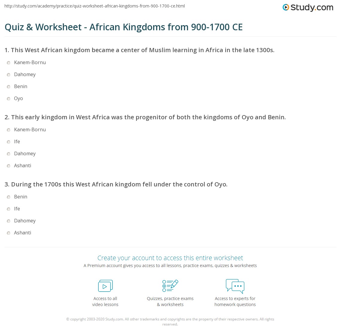 Quiz & Worksheet - African Kingdoms from 900-1700 CE | Study.com
