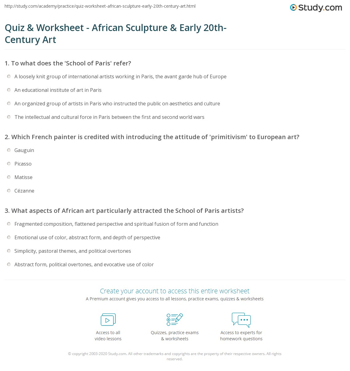 Quiz & Worksheet - African Sculpture & Early 20th-Century Art | Study.com