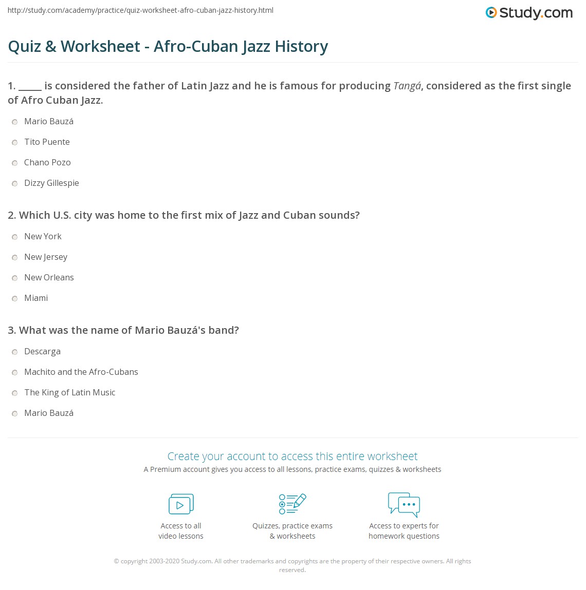 Quiz & Worksheet - Afro-Cuban Jazz History | Study.com