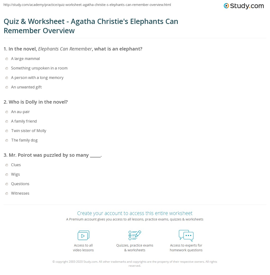 Quiz & Worksheet - Agatha Christie's Elephants Can Remember Overview ...