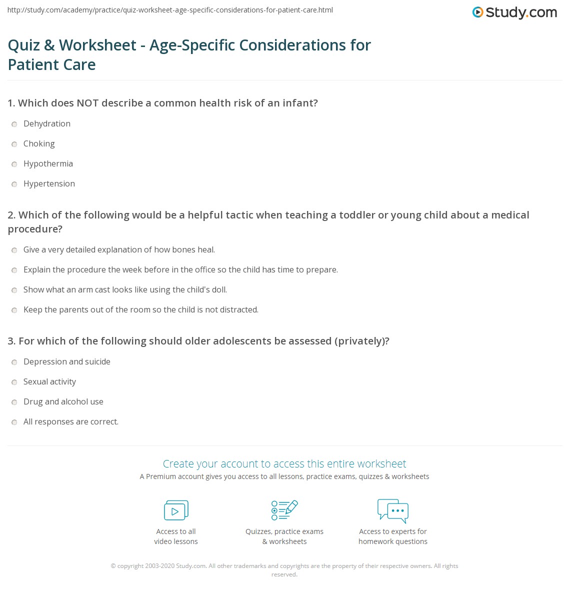Quiz & Worksheet - Age-Specific Considerations for Patient Care | Study.com