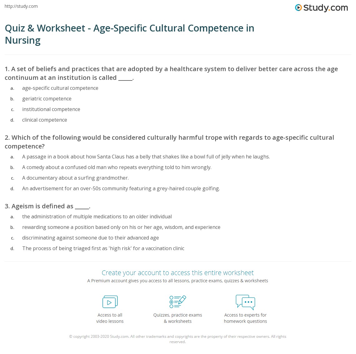 Quiz & Worksheet - Age-Specific Cultural Competence in Nursing | Study.com