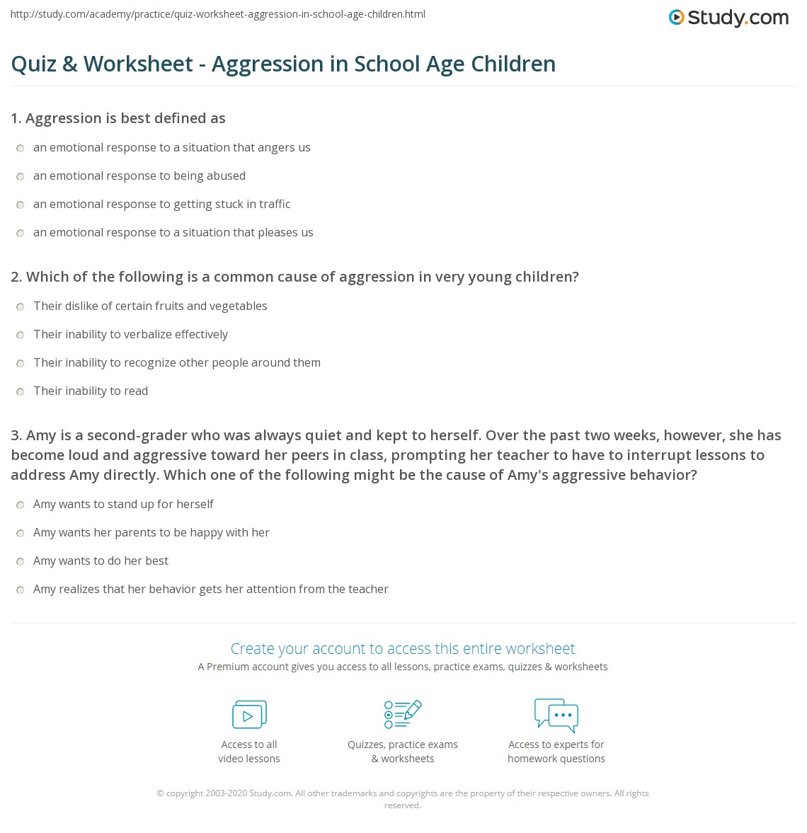 Quiz & Worksheet - Aggression in School Age Children | Study.com