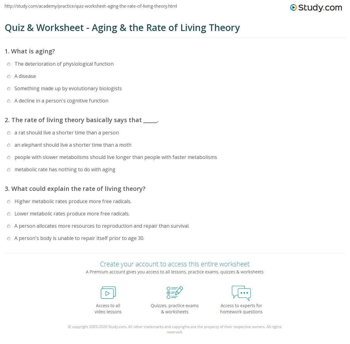 Quiz & Worksheet - Aging & the Rate of Living Theory | Study.com