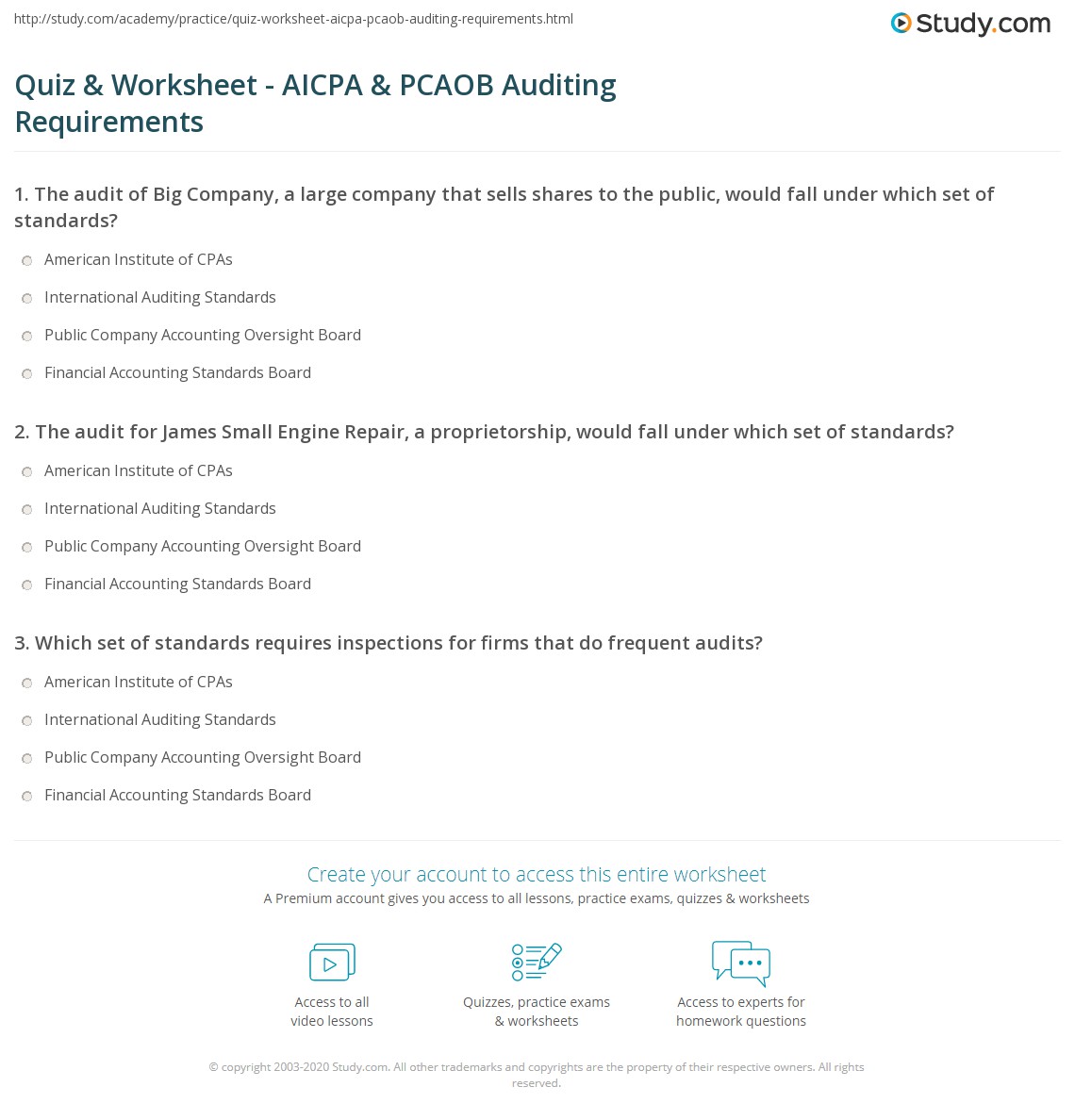 Quiz & Worksheet - AICPA & PCAOB Auditing Requirements | Study.com