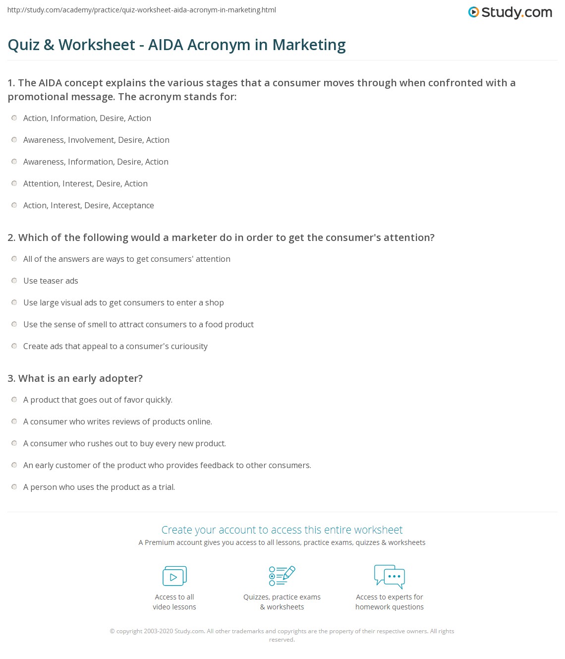 Quiz & Worksheet - AIDA Acronym in Marketing | Study.com