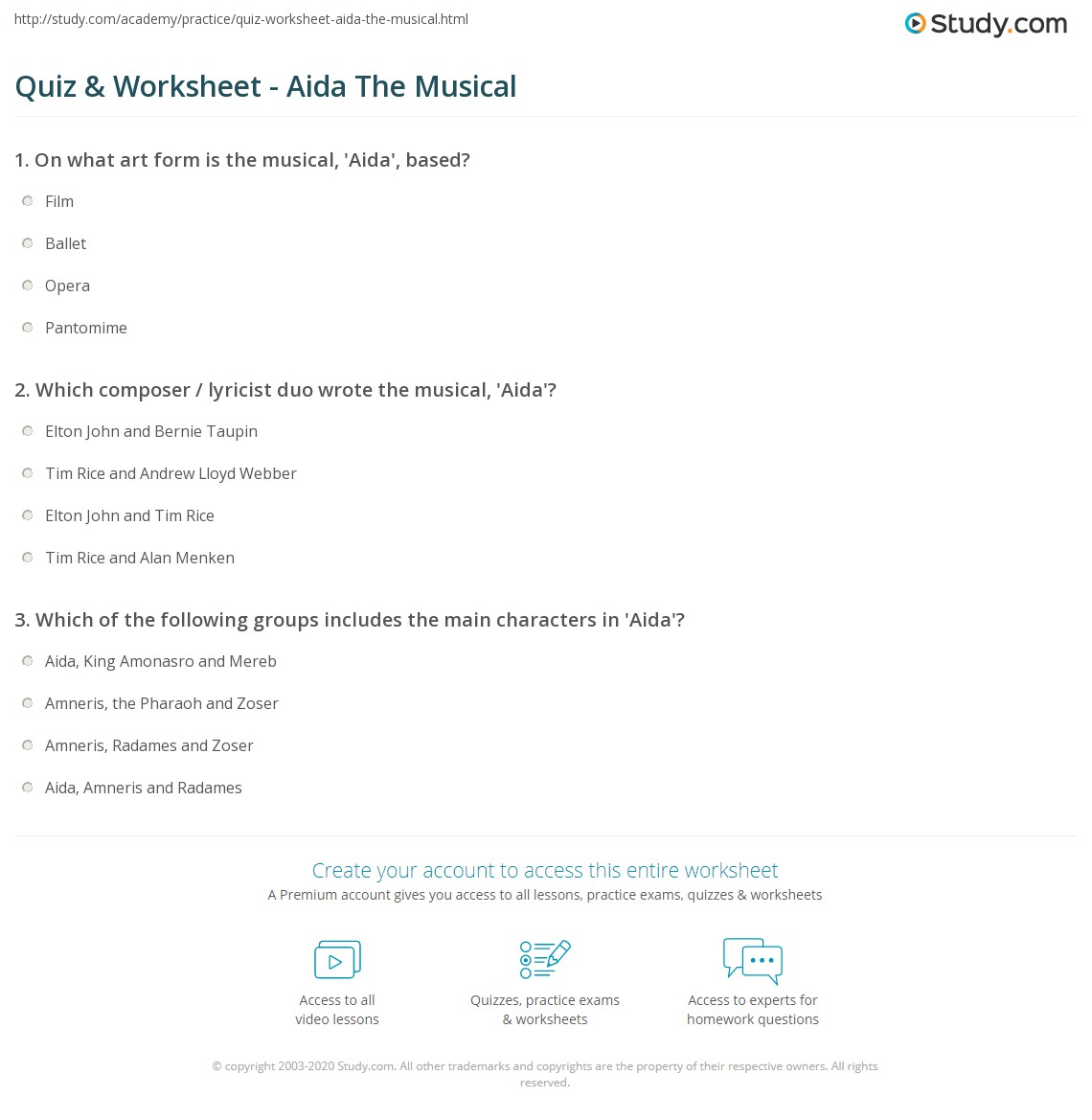 Quiz & Worksheet - Aida The Musical | Study.com