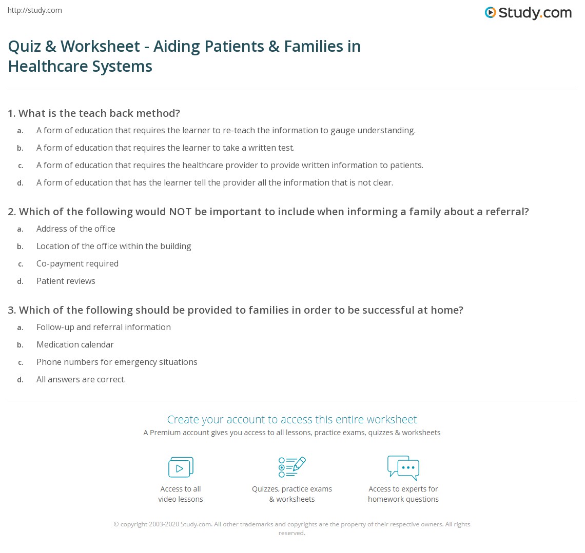 Quiz & Worksheet - Aiding Patients & Families in Healthcare Systems ...