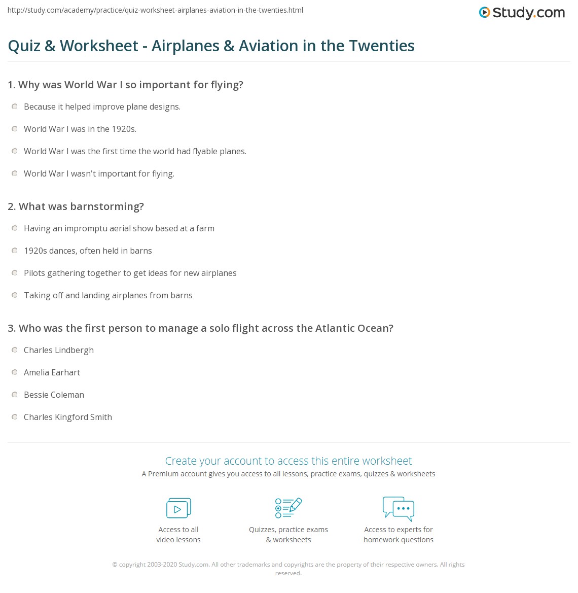Quiz & Worksheet - Airplanes & Aviation in the Twenties | Study.com