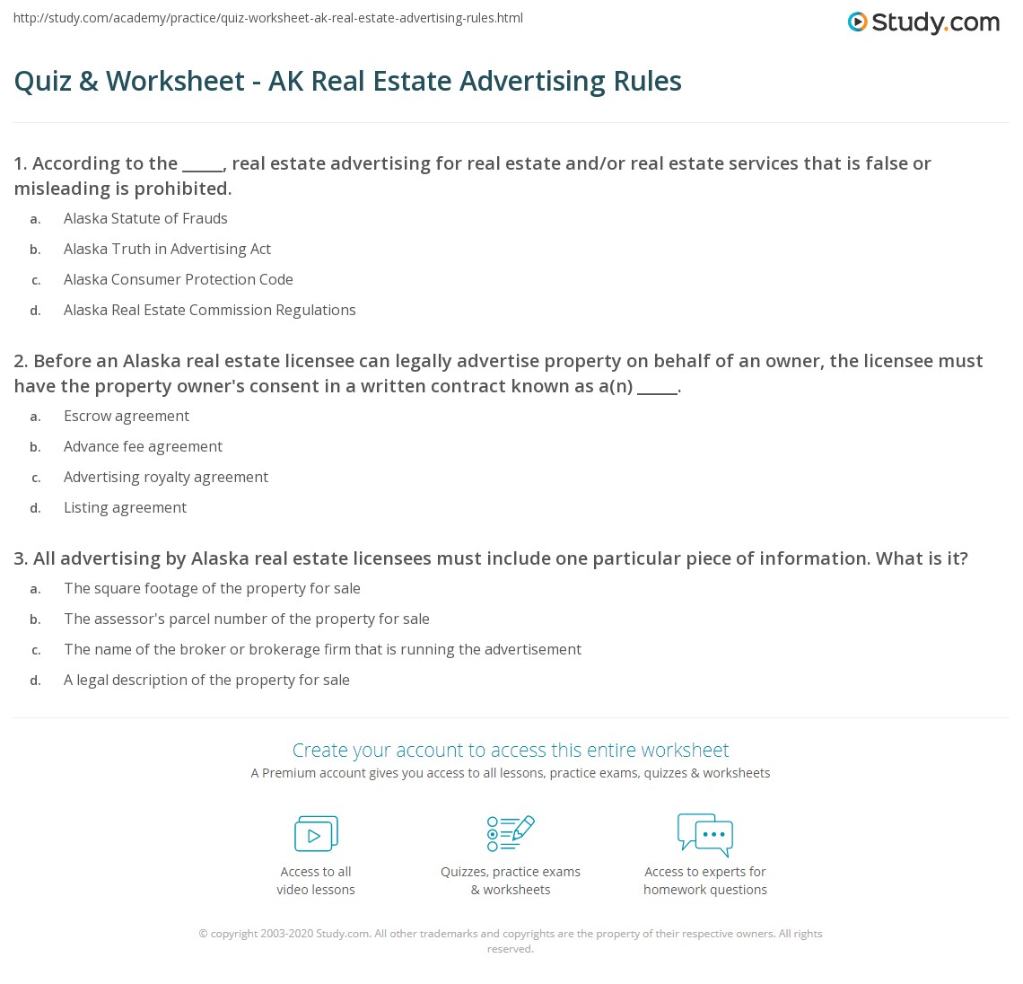 Quiz & Worksheet - AK Real Estate Advertising Rules | Study.com