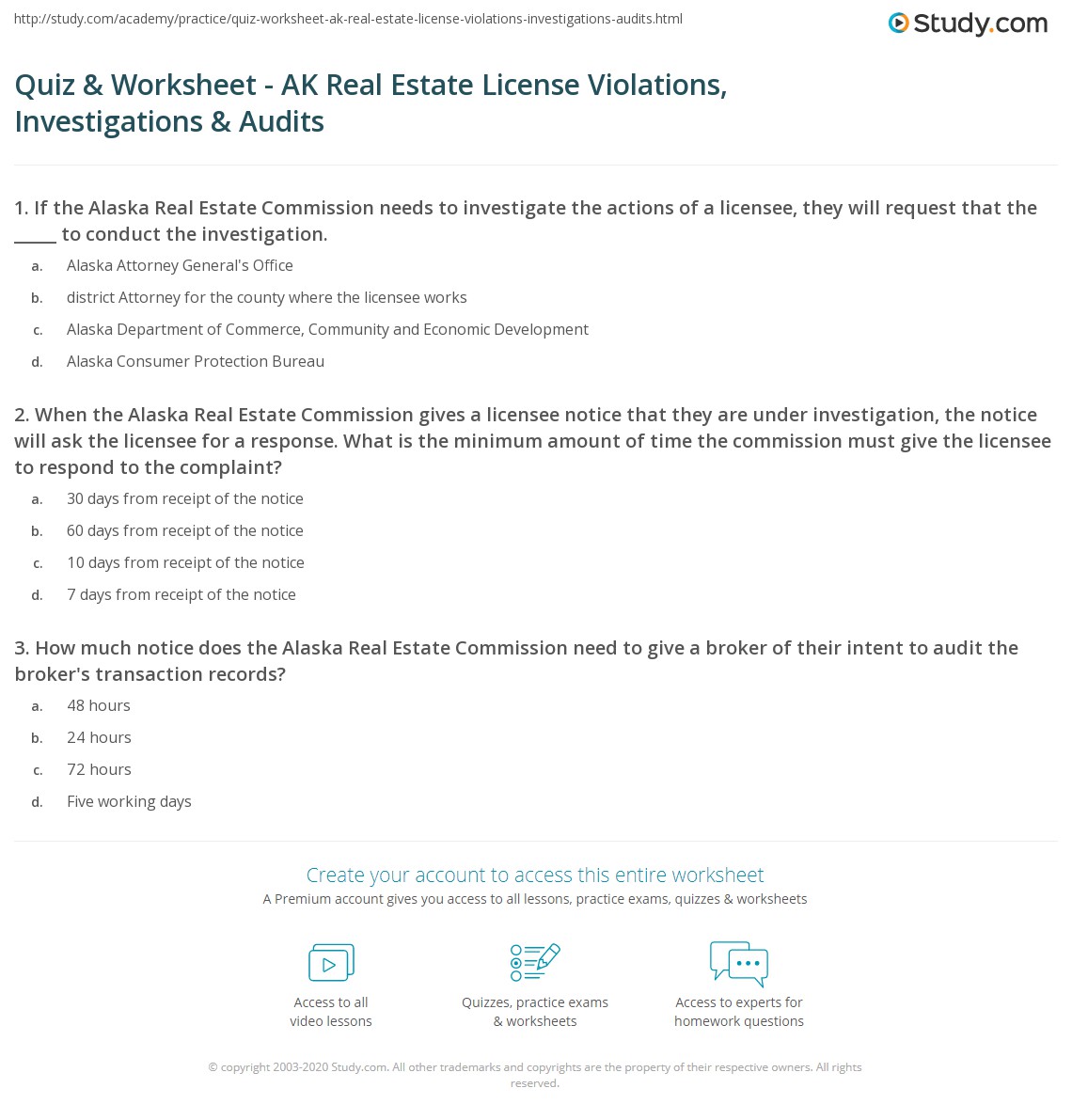 Quiz & Worksheet - AK Real Estate License Violations, Investigations ...