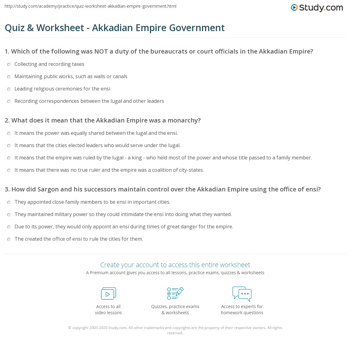 Quiz & Worksheet - Akkadian Empire Government | Study.com
