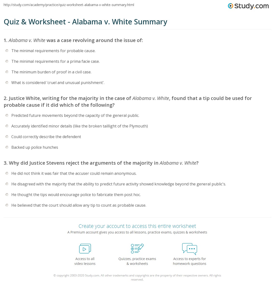Quiz & Worksheet - Alabama v. White Summary | Study.com