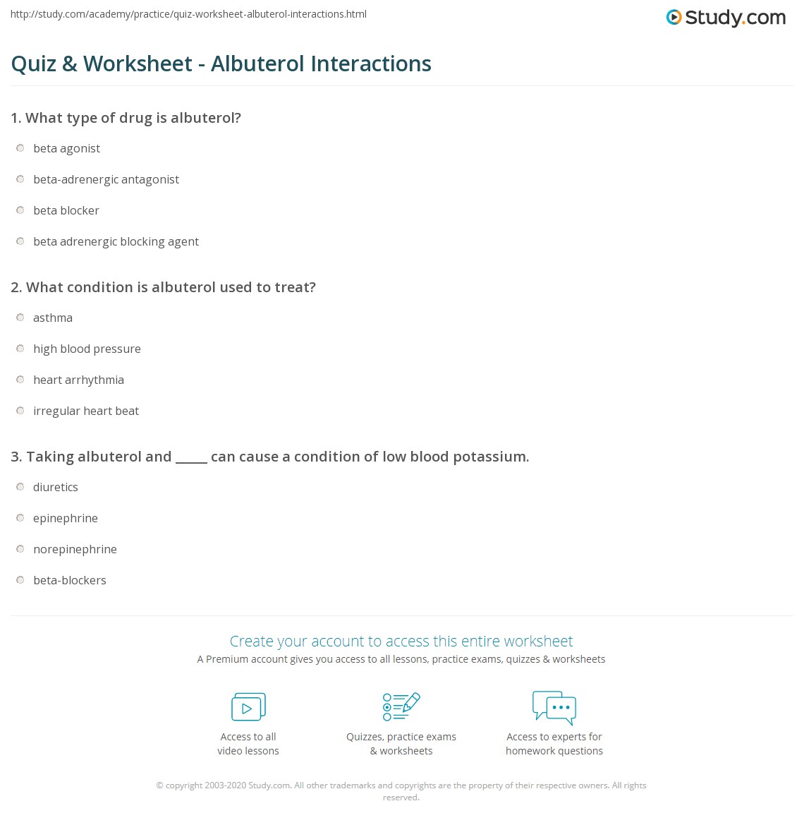 Quiz & Worksheet - Albuterol Interactions | Study.com
