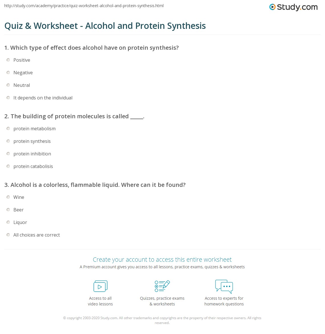 Quiz & Worksheet - Alcohol and Protein Synthesis | Study.com