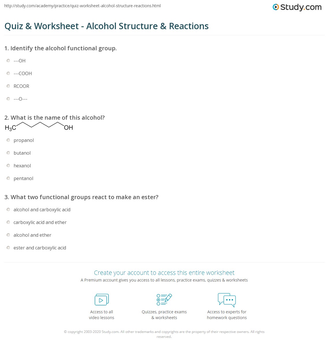 Quiz & Worksheet - Alcohol Structure & Reactions | Study.com