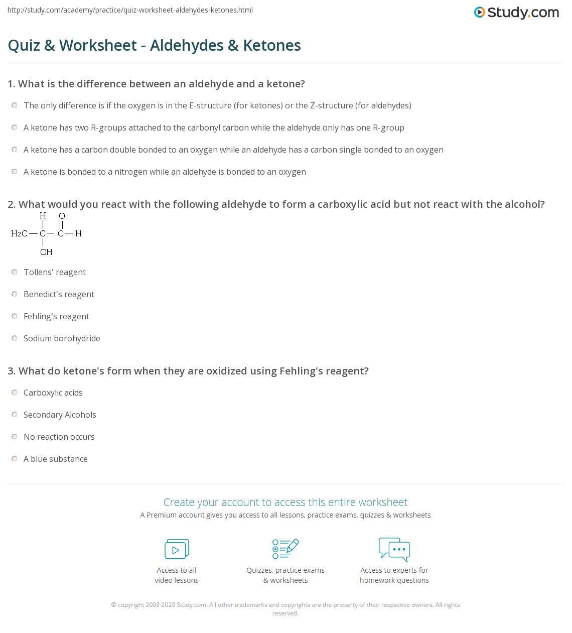 Quiz & Worksheet - Aldehydes & Ketones | Study.com