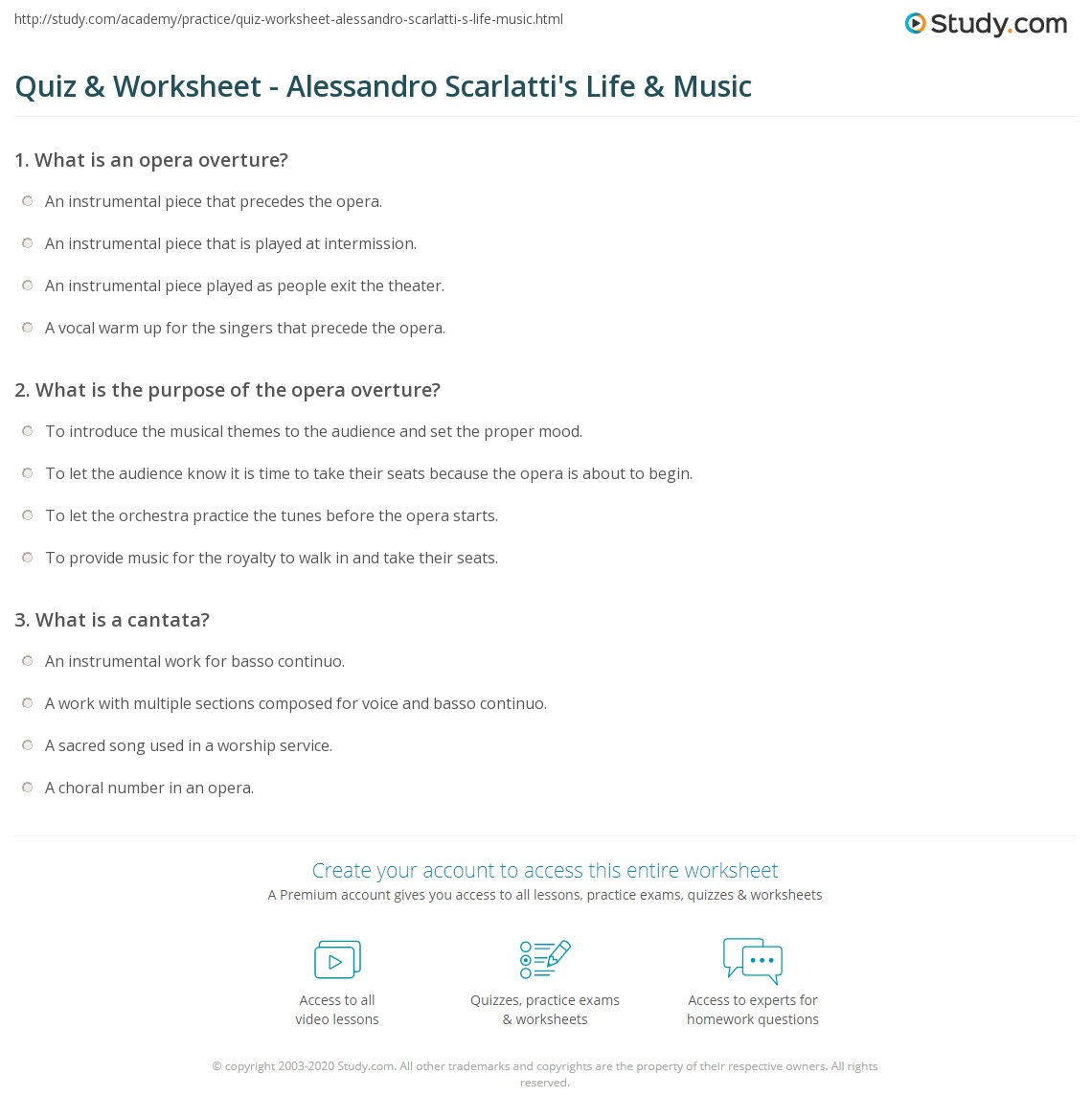 Quiz & Worksheet - Alessandro Scarlatti's Life & Music | Study.com