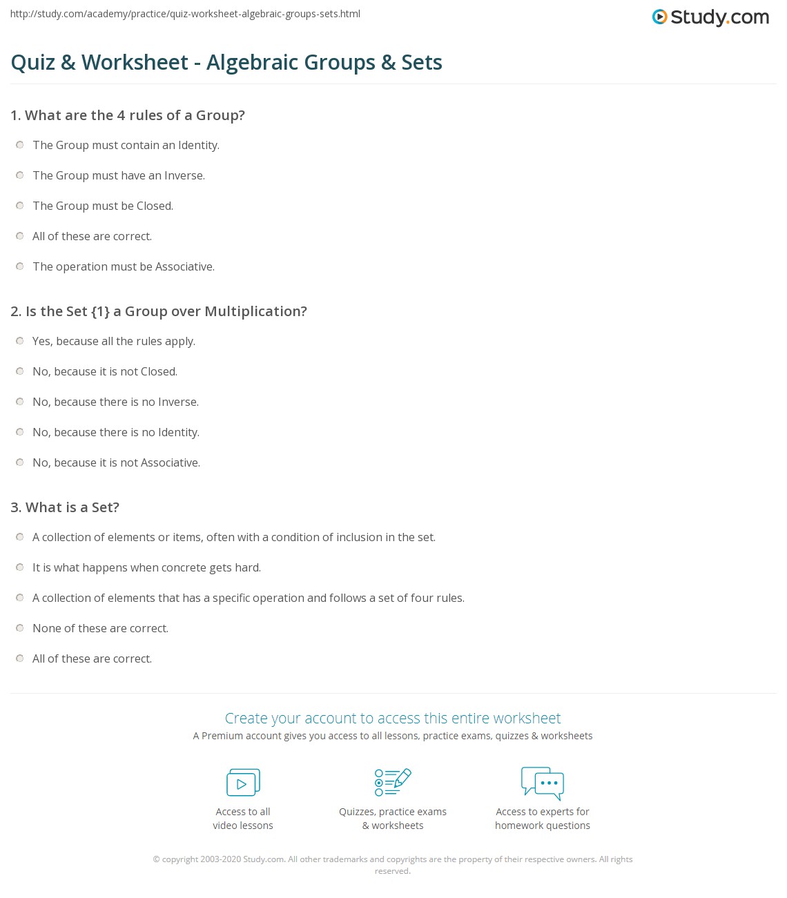 Quiz & Worksheet - Algebraic Groups & Sets | Study.com