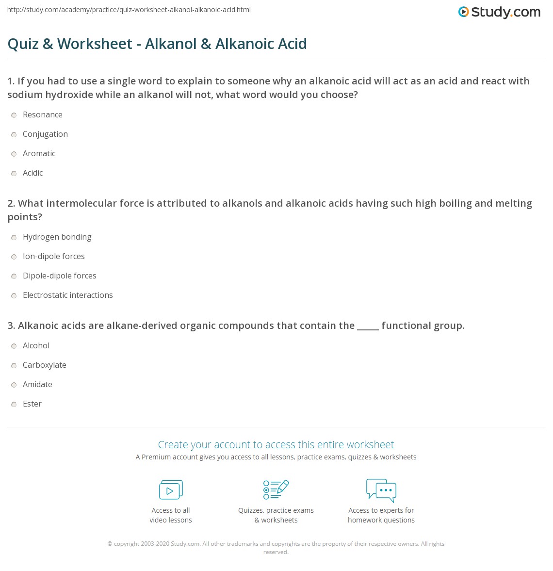 Quiz & Worksheet - Alkanol & Alkanoic Acid | Study.com