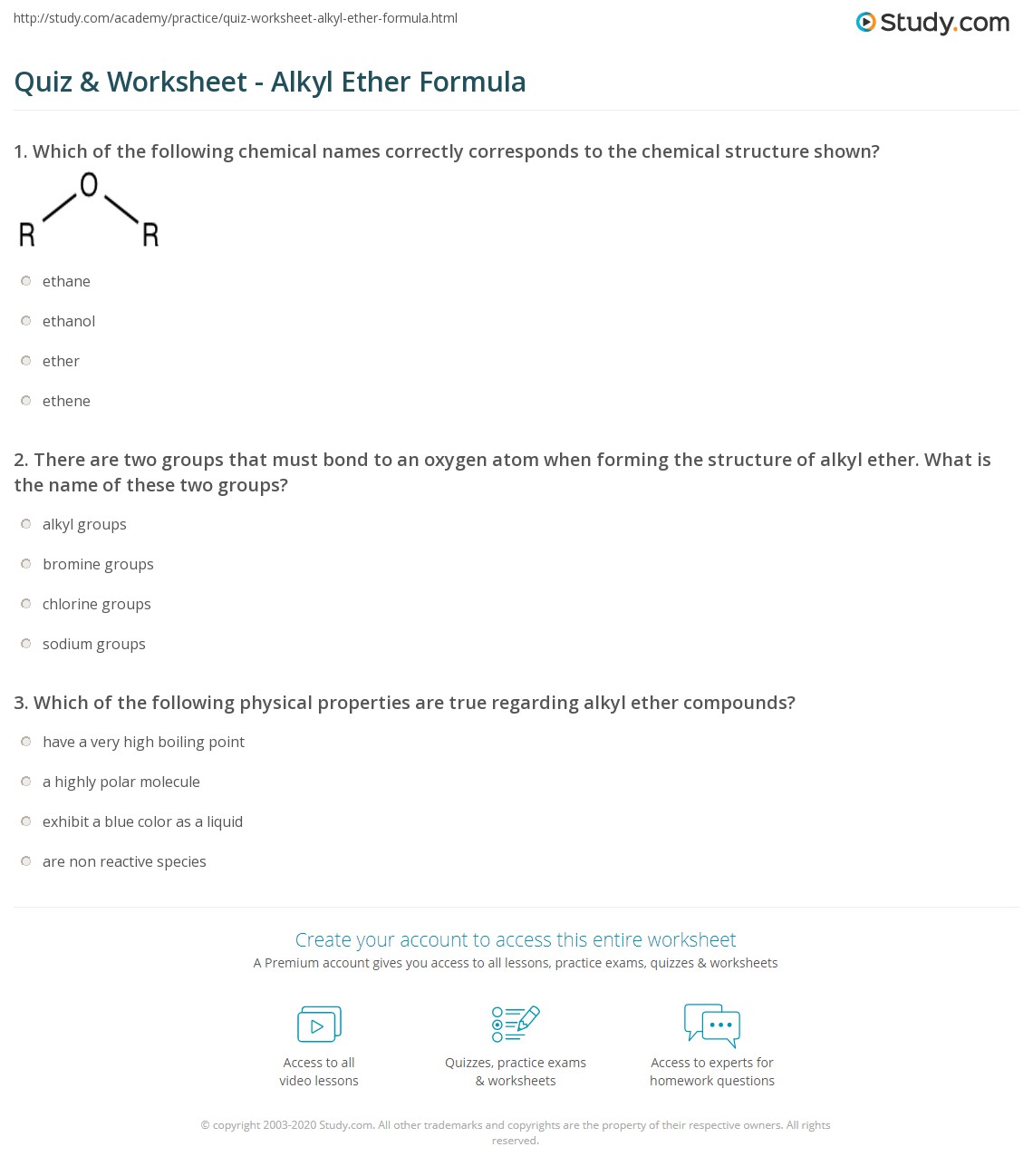 Quiz & Worksheet - Alkyl Ether Formula | Study.com