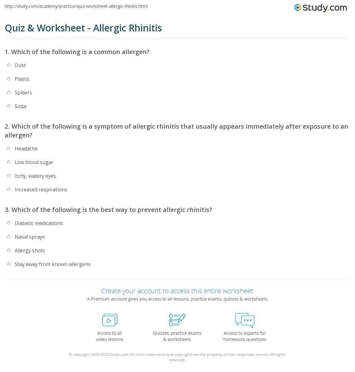 Quiz & Worksheet - Allergic Rhinitis | Study.com