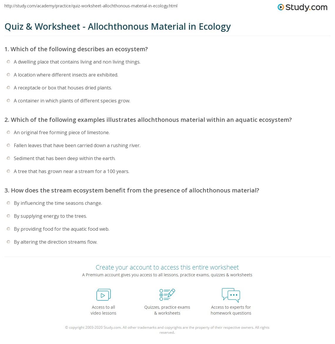 Quiz & Worksheet - Allochthonous Material in Ecology | Study.com