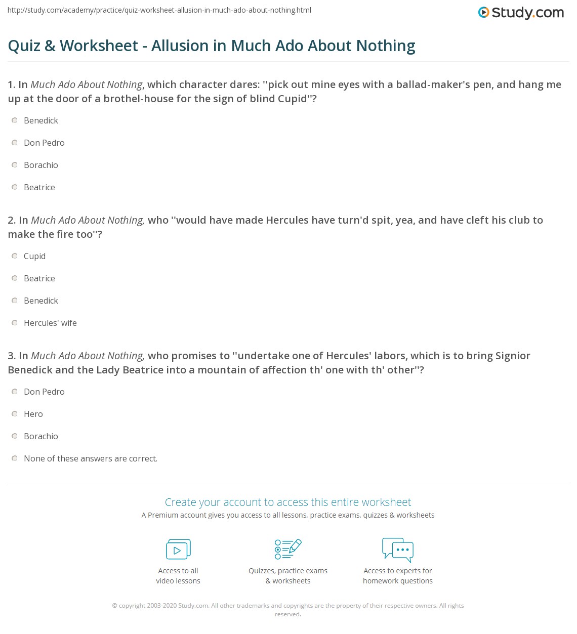 Quiz & Worksheet - Allusion in Much Ado About Nothing | Study.com