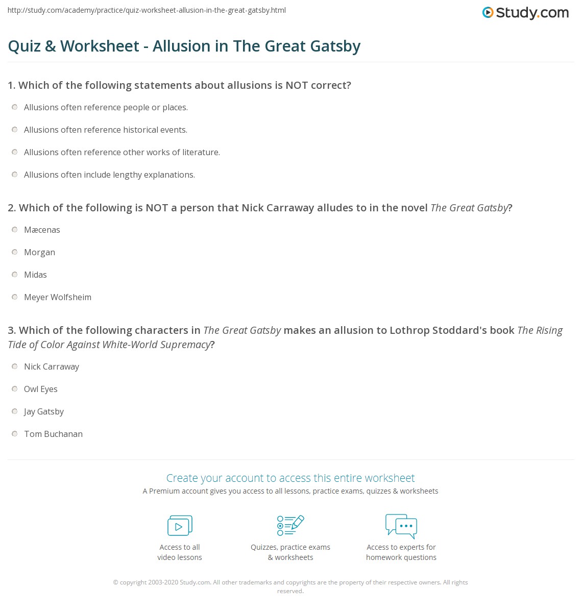 Quiz & Worksheet - Allusion in The Great Gatsby | Study.com